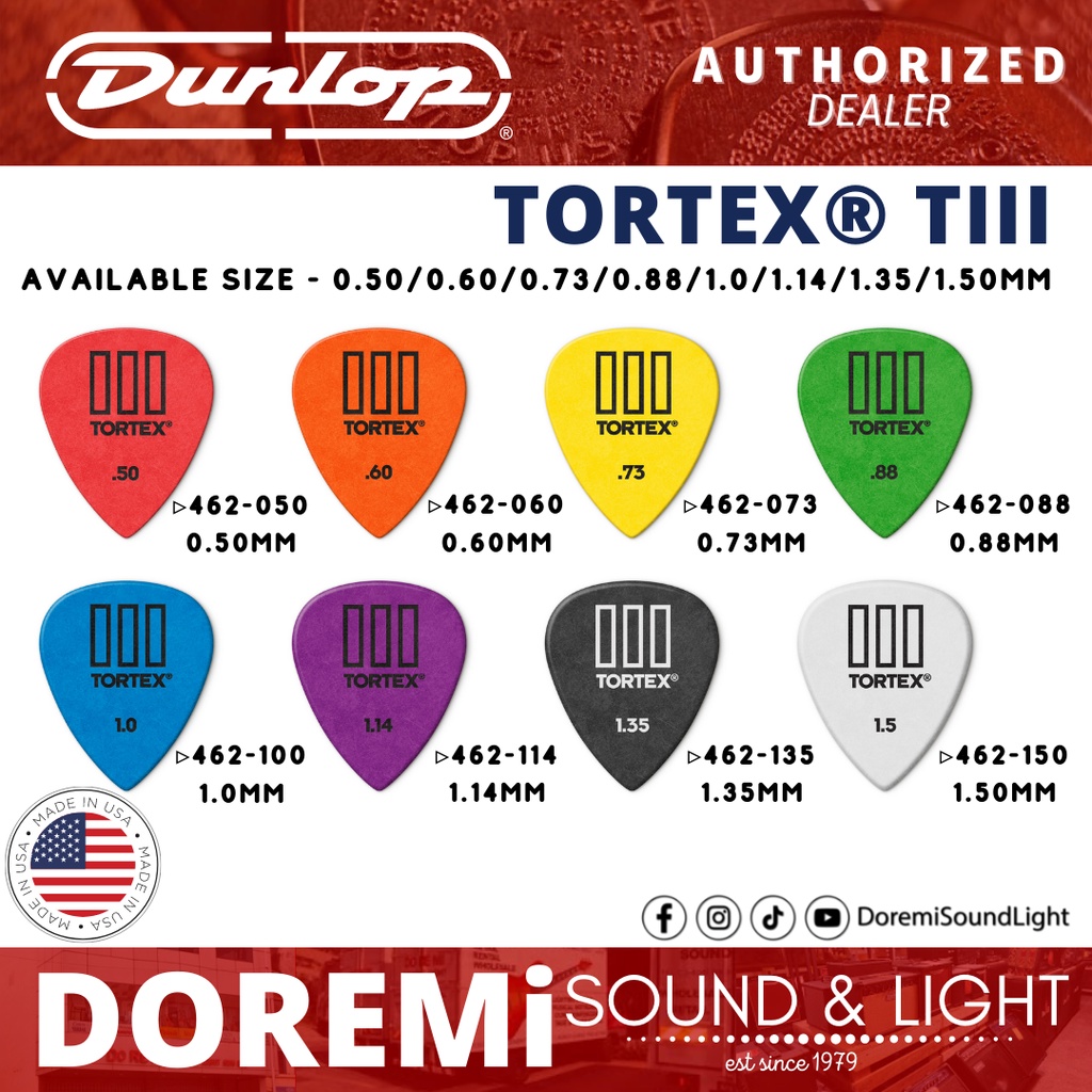 Jim Dunlop 462 Tortex TIII Pack of 6pcs Guitar Picks - 0.50mm/0.60mm/0 ...