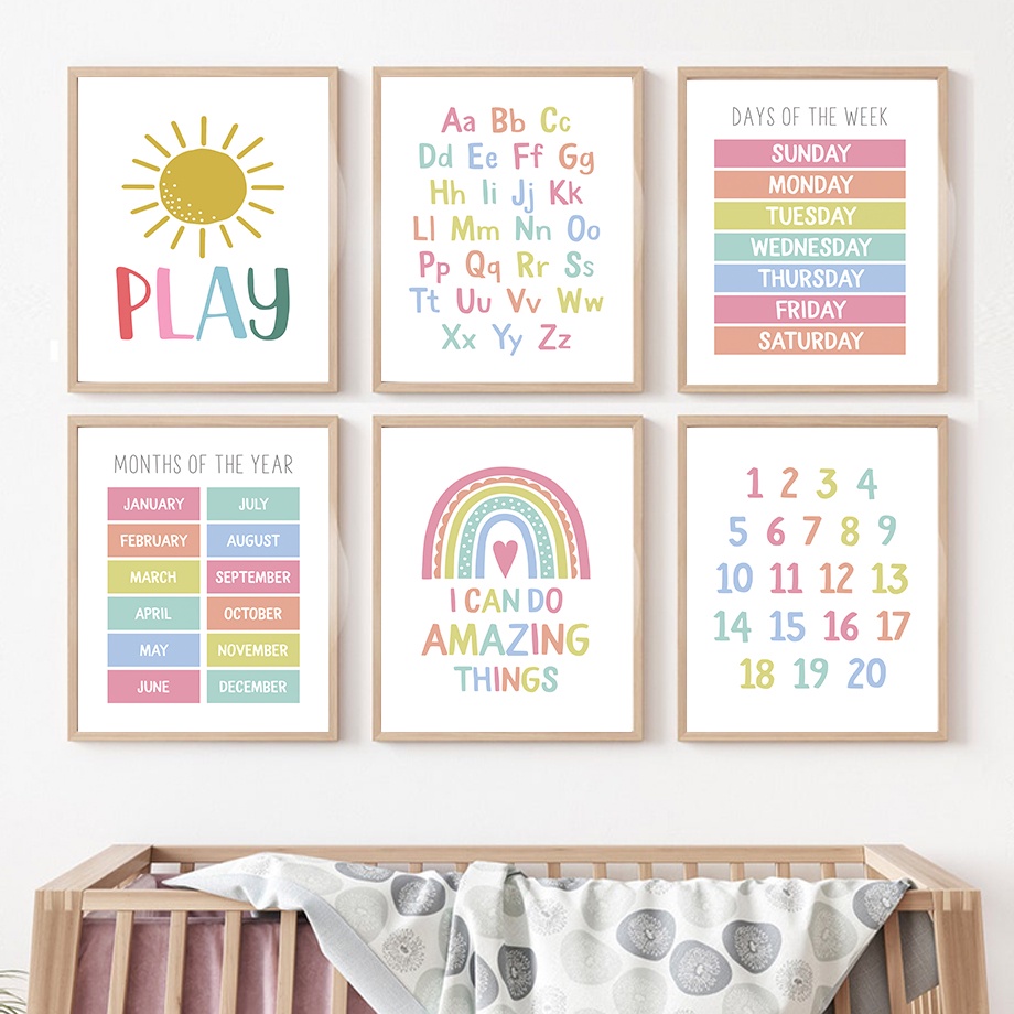Alphabet Number Sun Rainbow Nursery Education Nordic Posters And Prints ...
