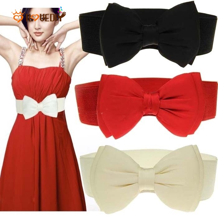 Women Elegant Bowknot Belt / Elastic Bow Wide Stretch Buckle Waistband ...