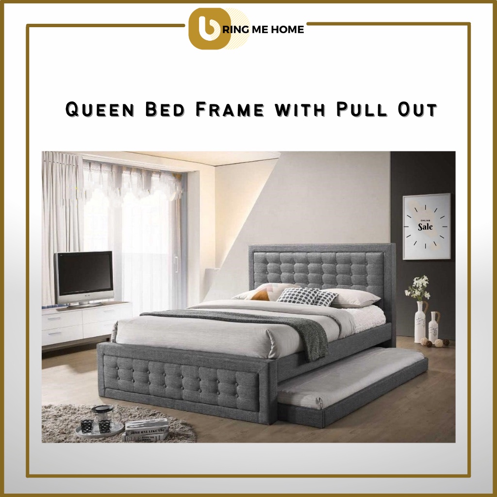 JAYDEN Queen Bed Frame With Single Bed Pull Out Bed Queen Bedframe ...