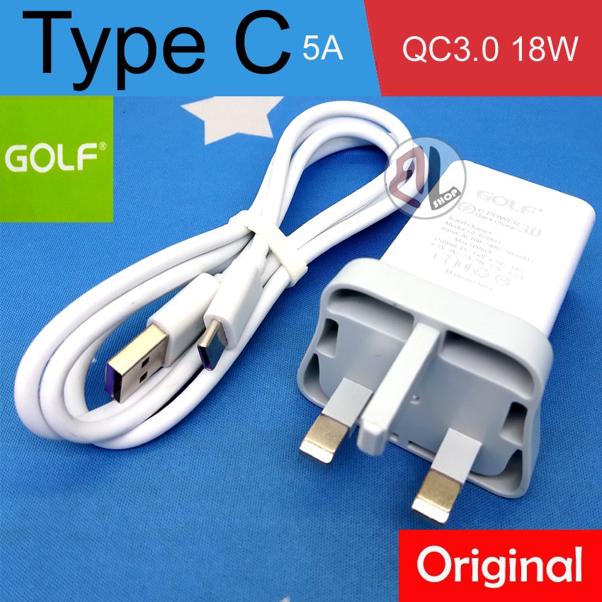 Original Golf Smart Quick Charging QC3.0 18W 3 Pin Travel Adapter + 5V 5A USB 3.1 Type C Data ...