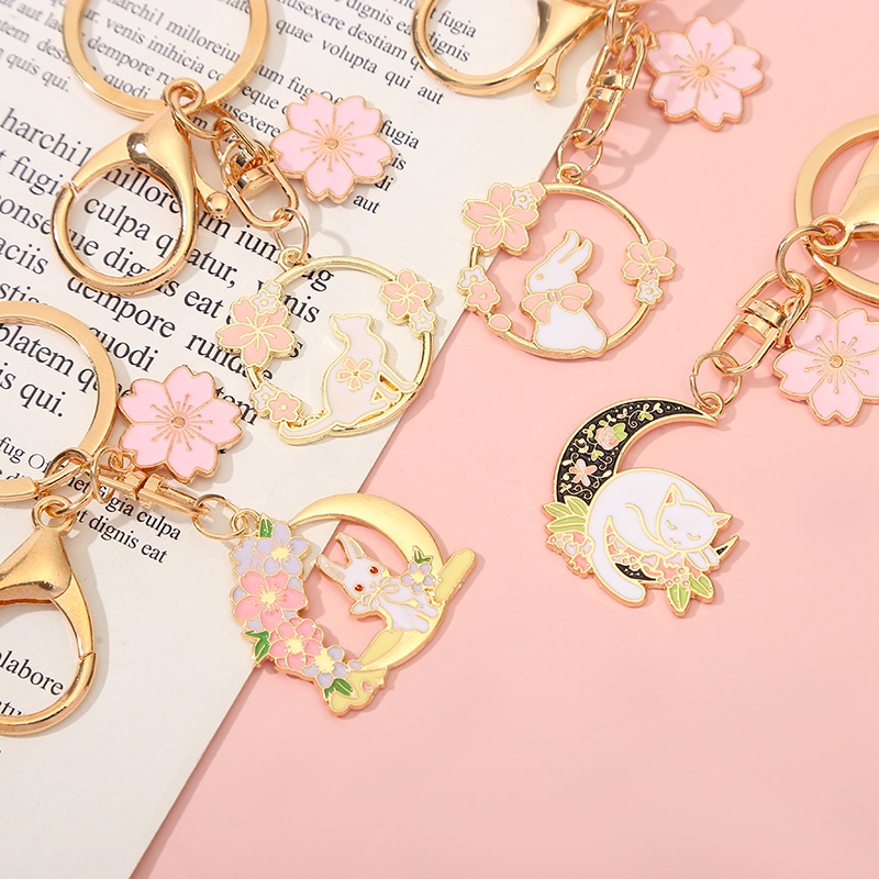 Animal Moon Cat Rabbit Key Ring Flower Pendant Key Chains Student ...