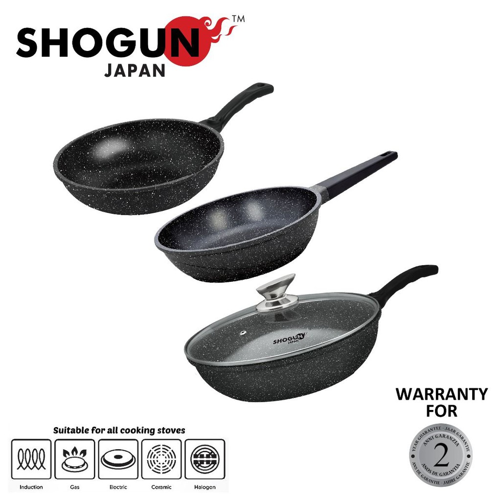 Shogun Senjo Marble Tempura Wok (IH) (24cm) + Deep Marble Frypan (IH) (28cm) + Stirfry Wok With ...