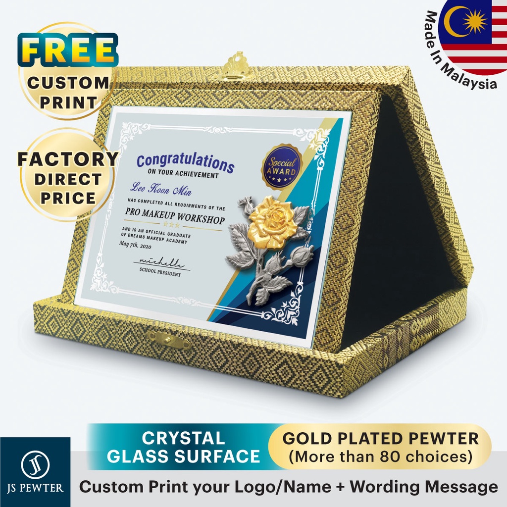 (JS Pewter) 7"x9" Crystal Plaque GOLD PLATED PEWTER | Premium Songket ...