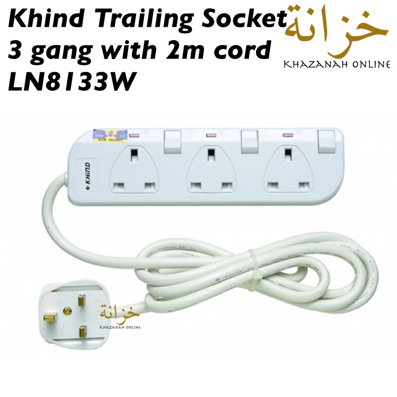 Khind 3 Gang / Way Trailing Socket with 2m cord & Neon Light Indicator ...