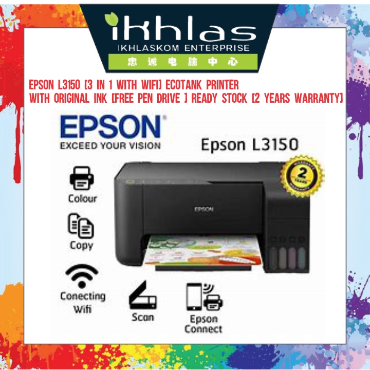 EPSON L3150 [3 IN 1 WITH WIFI] ECOTANK PRINTER with ORIGINAL INK (FREE ...