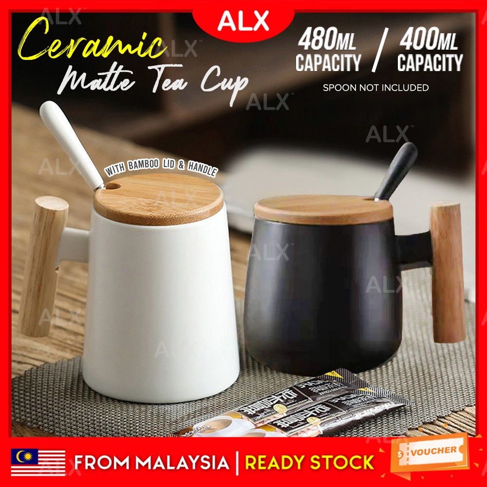 ALX Nordic Matte Ceramic Cup Bamboo Wooden Handle & Lid Coffee Mug ...