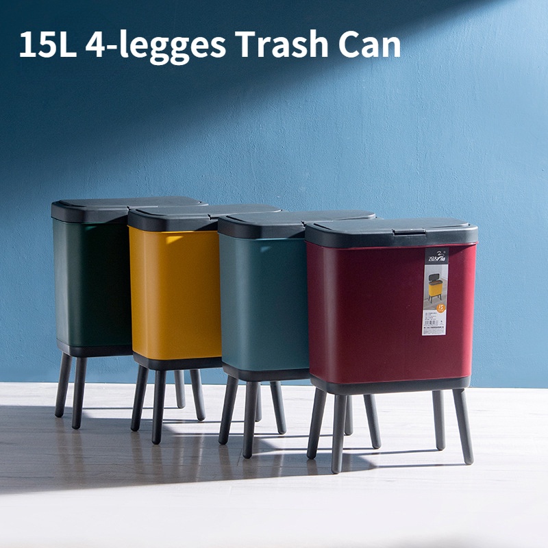 15L Long-legged 4 legges Trash Can with Cover Morandi Push-to-open ...