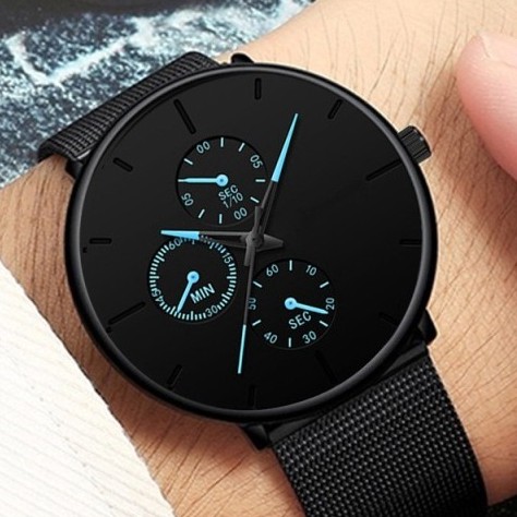 YOLAKO Fashion Men Business Blue Stainless Steel Mesh Belt Quartz Wrist ...