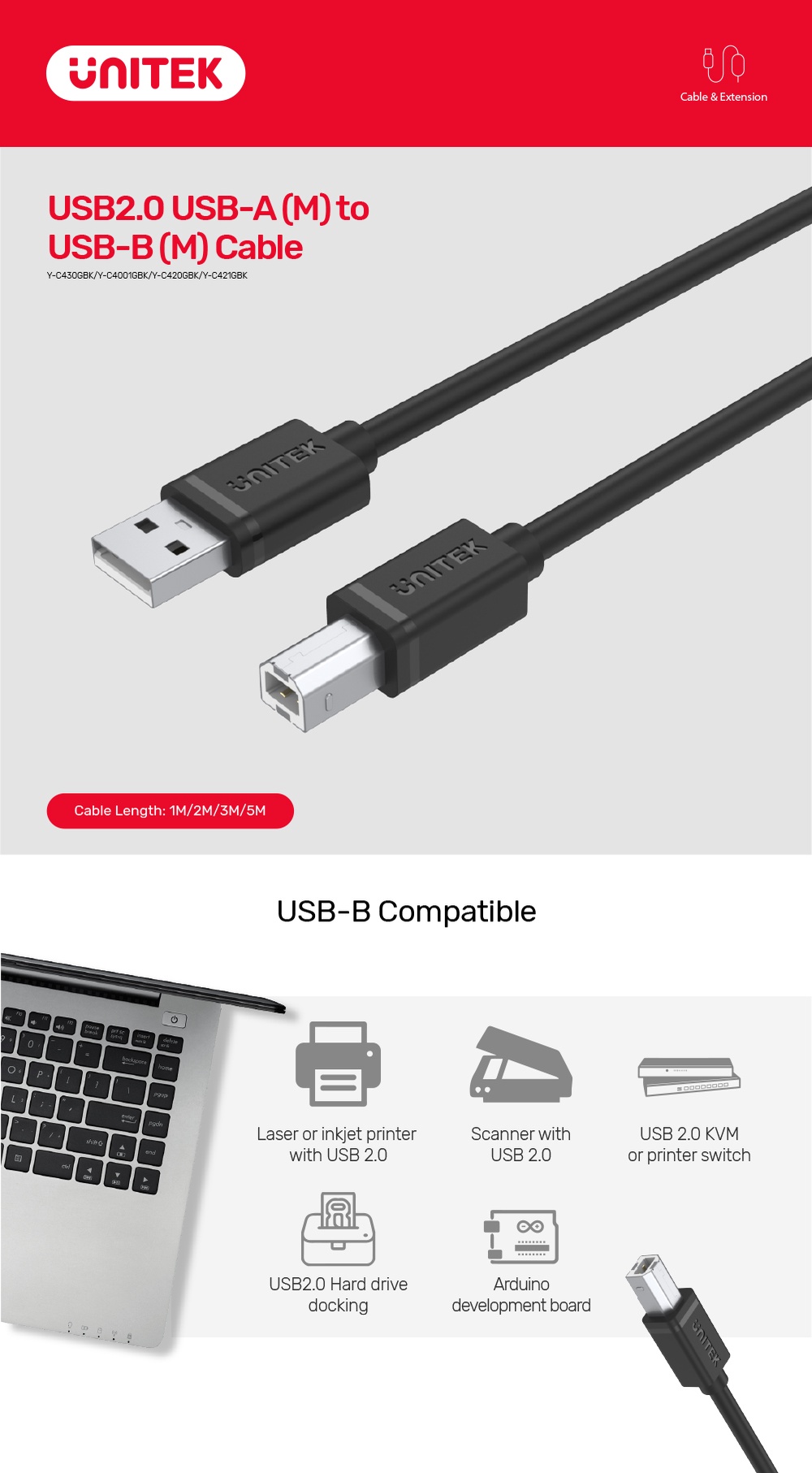 Unitek USB-A to USB-B Charging Cable Male to Male USB2.0 Data Transfer ...