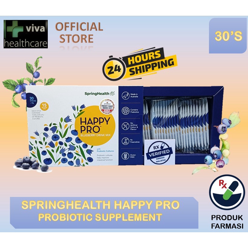 SpringHealth Happy PRO Blueberry Drink Mix with 15 Billion CFU Probiotics 2g (30 sachets ...