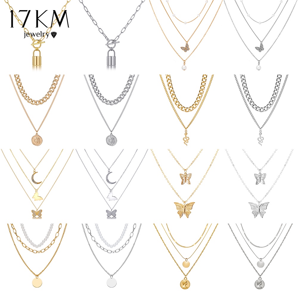 17KM Fashion Pearl Multilayer Necklace Crystal Butterfly Snake Lock ...