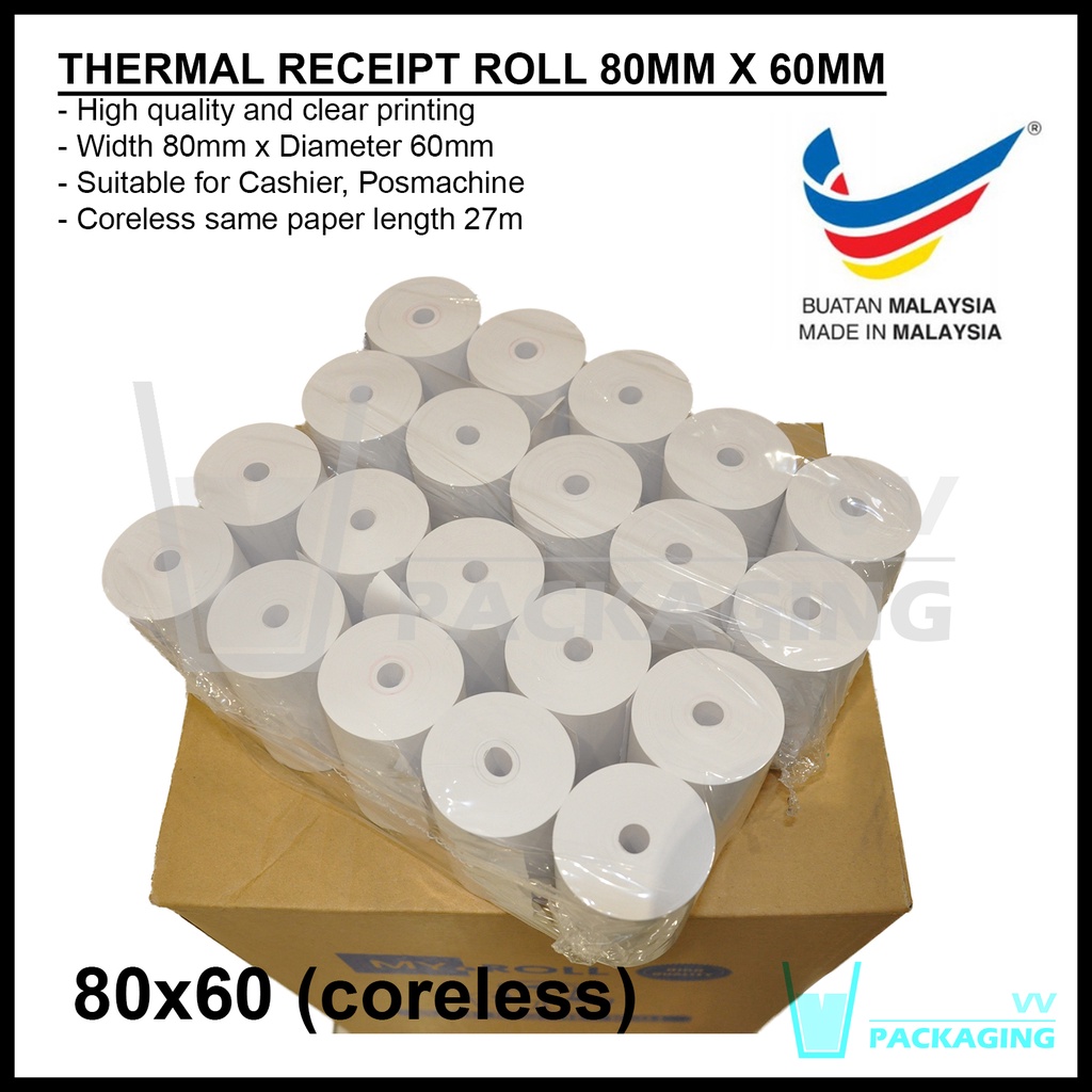 Thermal Receipt Paper Roll 80X60 100 rolls Cashier Pos Machine | Shopee ...