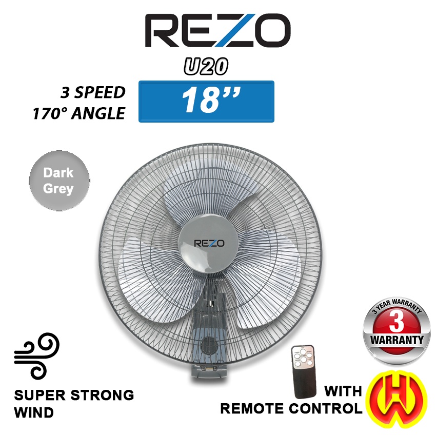 REZO U20 18” Heavy Duty Remote control Wall fan / Kipas Dinding Dark ...