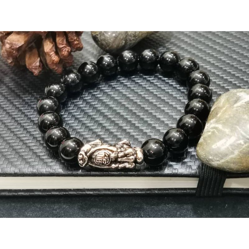 Stainless steel Lucky & Wealth Pixiu Charm with Black agate stone ...