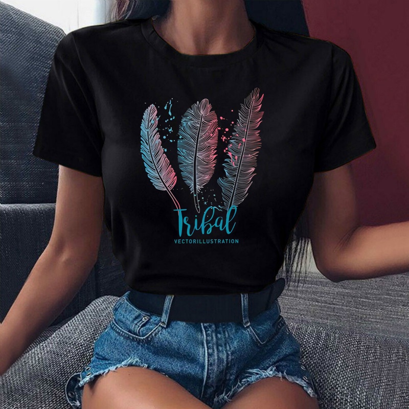 New Harajuku Feathers Print T Shirts Women Fashion Short Sleeves Loose ...