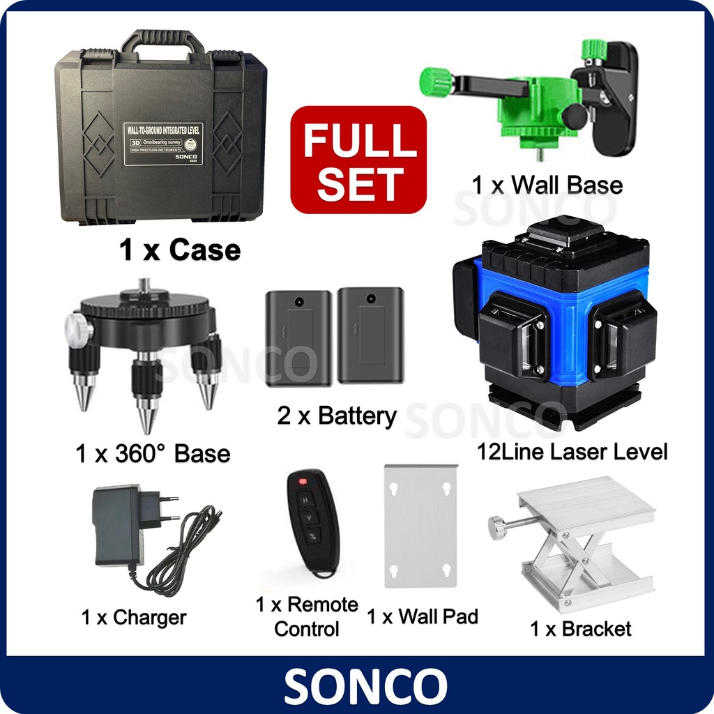 SONCO 12 / 16 Line Laser Level Green Light Self-Leveling 360° Rotary ...