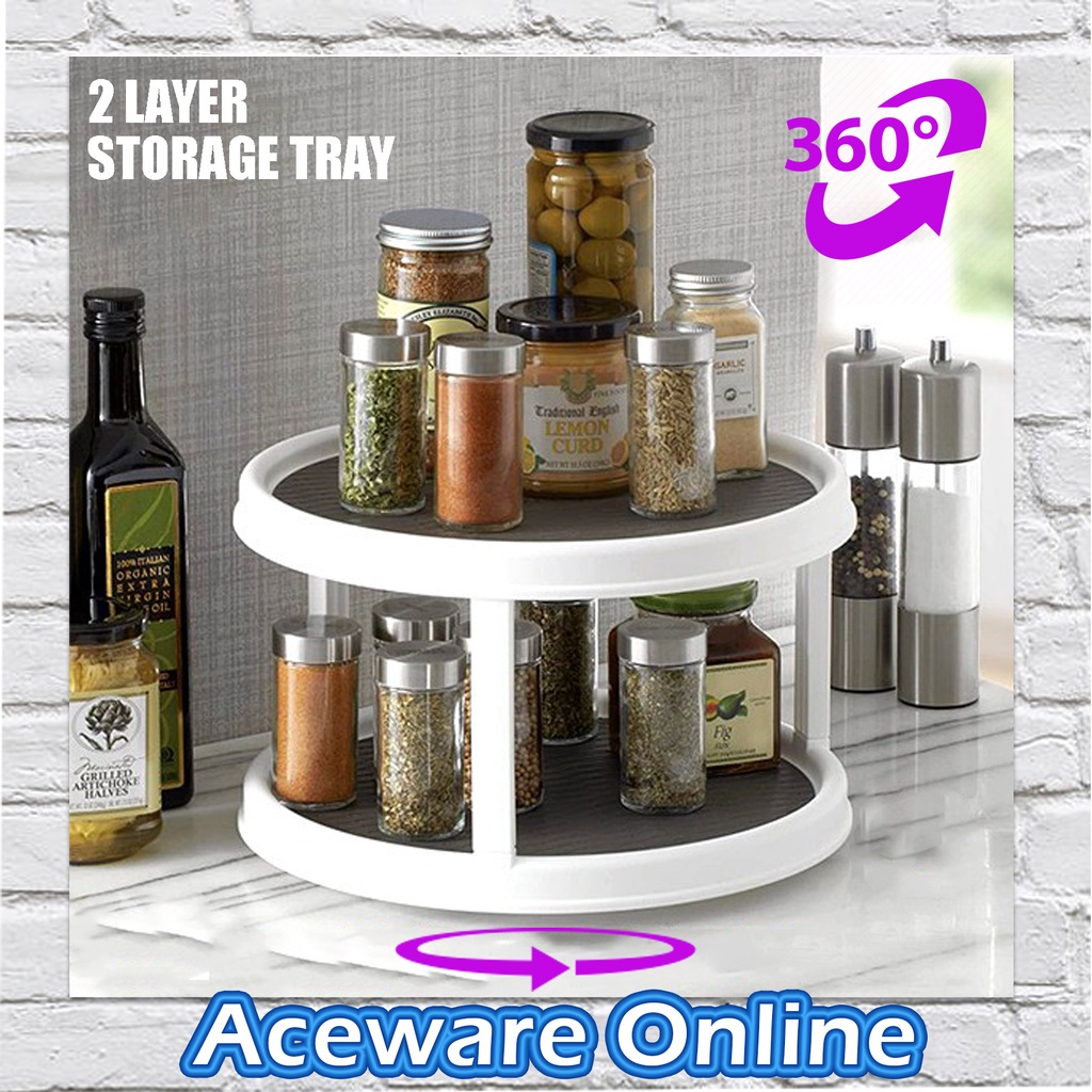 360 ROTATE 2 LAYER STORAGE TRAY 360° Rotating Spice Rack Seasoning ...