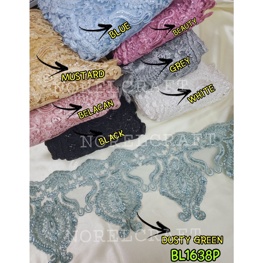 1METER[BL1638P]SEQUINS FLOWER LACE/LACE BUNGA/BORDER LACE/RENDA BUNGA ...