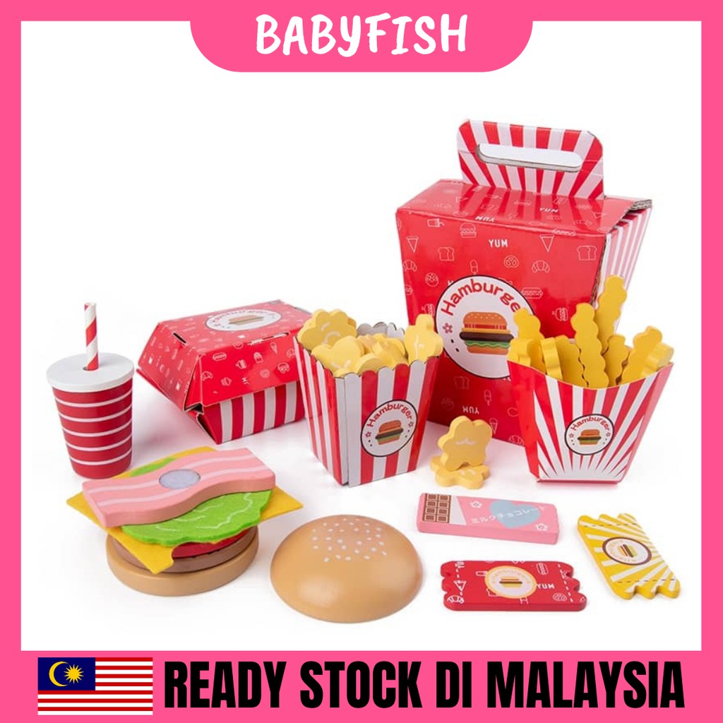 DIY Wooden Burger Fast Food Pretend Toy 快乐汉堡套餐木制玩具 Mainan Kayu Kanak ...