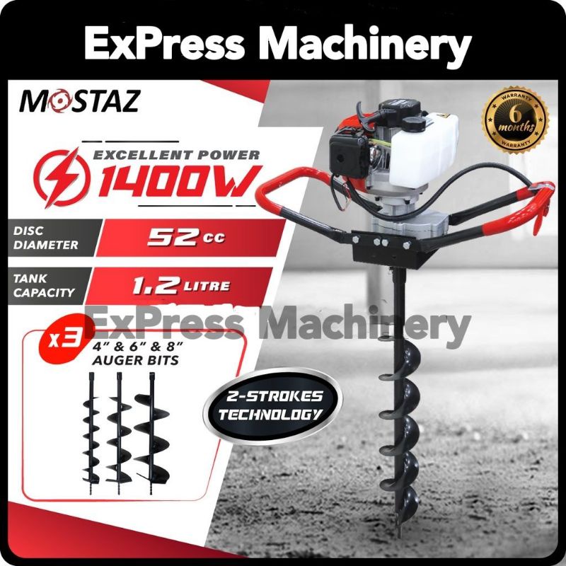 Mostaz 1400W Gasoline Earth Auger MSAG52 | 52 CC | 4" & 6" & 8" Auger Bit | Mesin Gerudi Korek ...