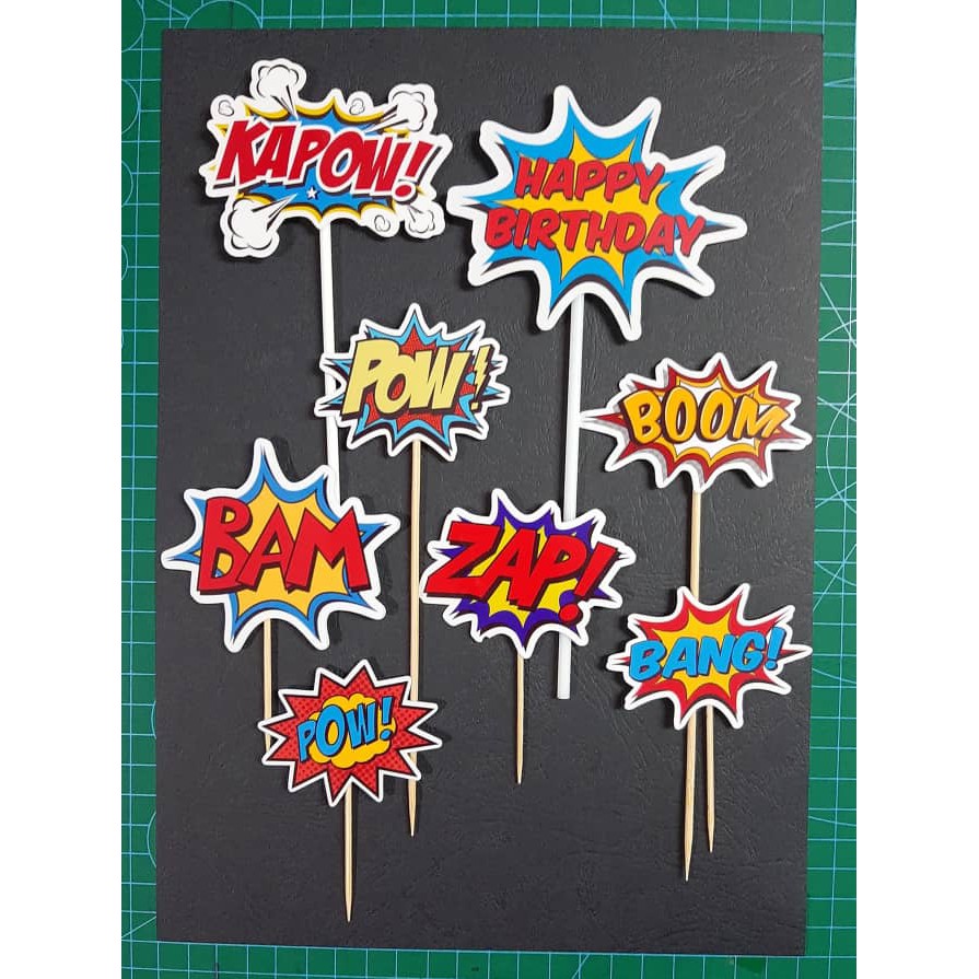 KAPOW BOOM comic bubble Readymade Cake Topper Happy Birthday Laminated ...