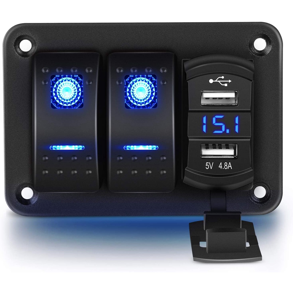 2 Gang Rocker Switch Panel with 4.8 Amp Dual USB Charger Voltmeter ...