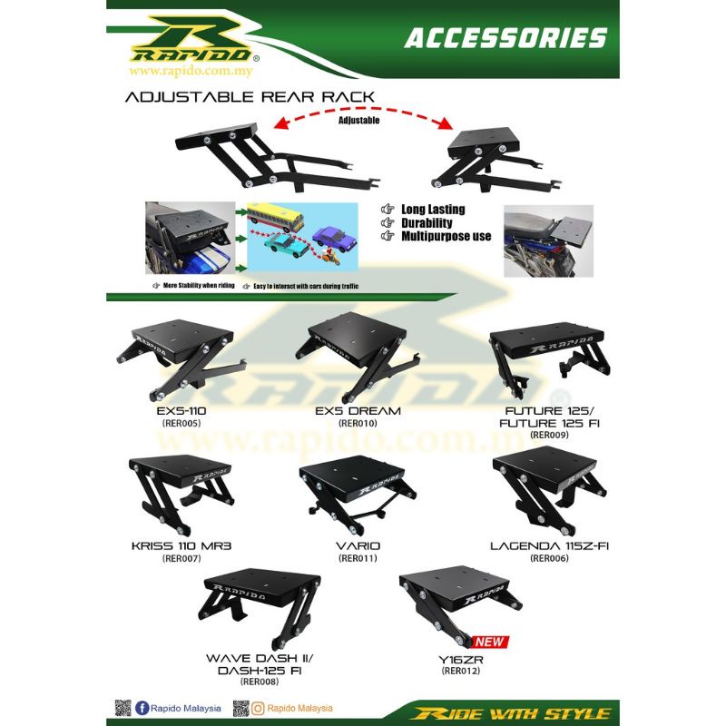 RAPIDO MONORACK ADJUSTABLE RACK Y15 Y16 LC135 SRL115 EGO RS RSX EX5 ...