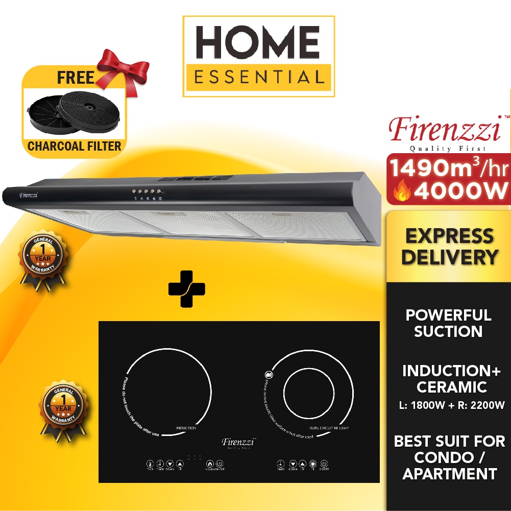 Firenzzi 1490m³/hr Slim Cooker Hood FH-902 XP/BK Combo w 2200W Ceramic ...