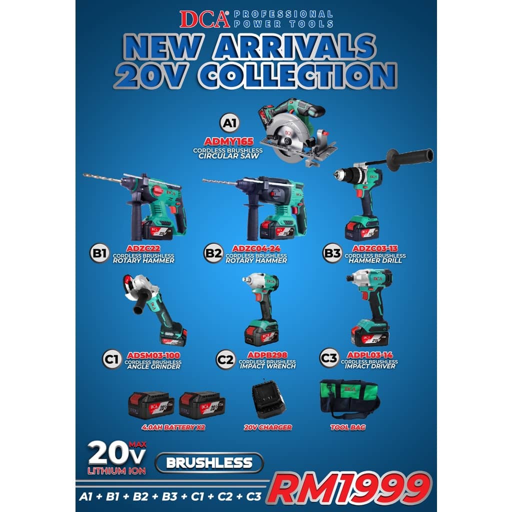 DCA 20V CORDLESS BRUSHLESS COMBO SET C/W 2PCS BATTERY & 1 CHARGER ...