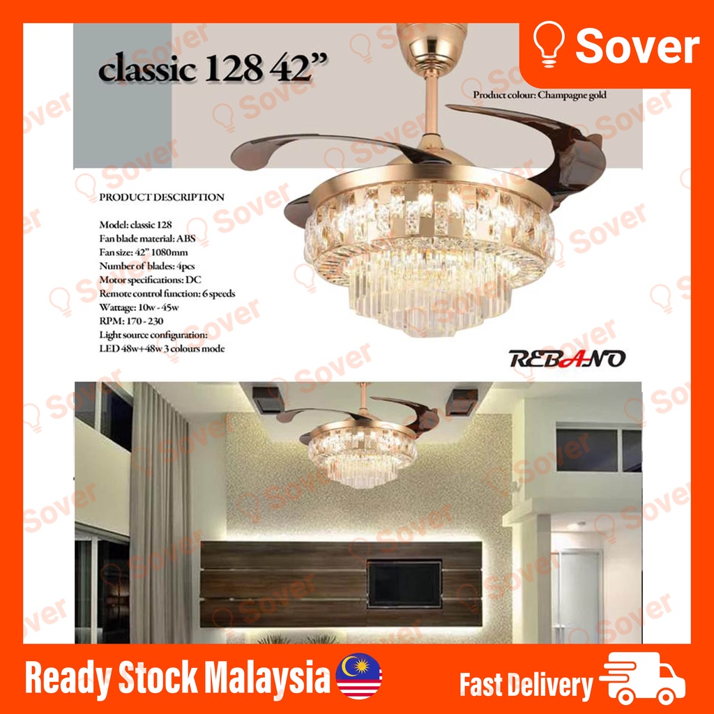 Crystal Chandelier DC Motor Ceiling Fan 42'' 6 Speed 3 Color LED Remote ...