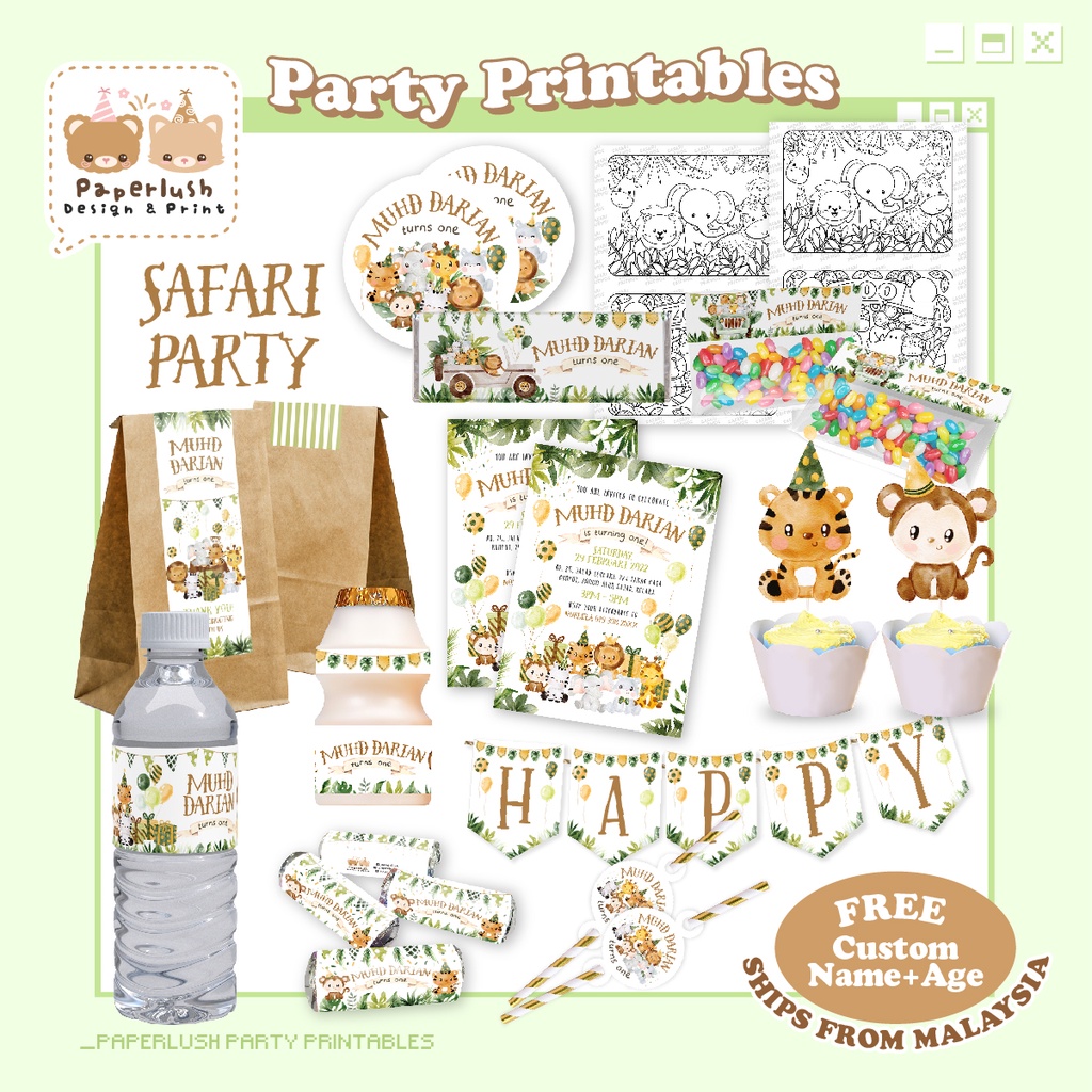 Animal Safari Party Birthday Party Packs Cake Topper Bottle Wrapper ...
