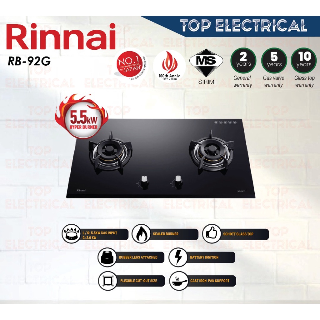 RINNAI 2-HYPER BURNER BUILT-IN GAS HOB / RB-92G / DAPUR MASAK / GAS ...