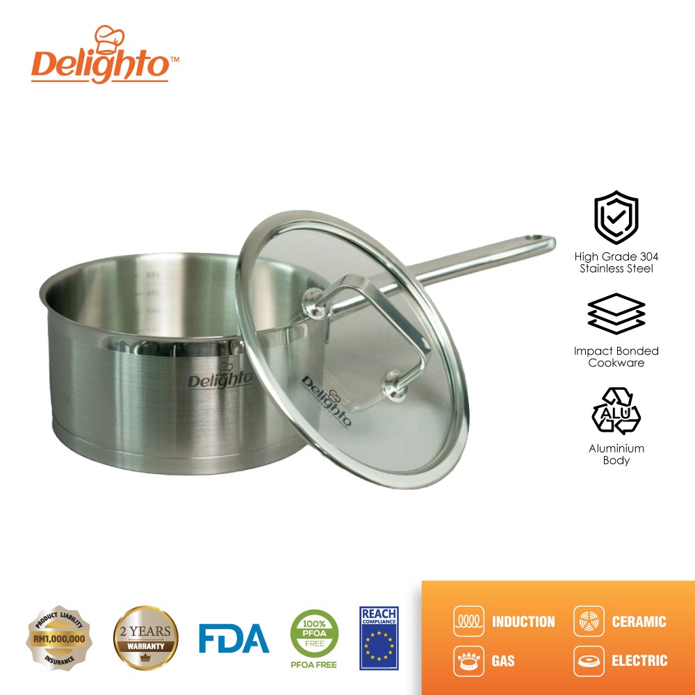 Delighto Glossy Series Stainless Steel Sauce Pan (14cm / 18cm / 20cm ...