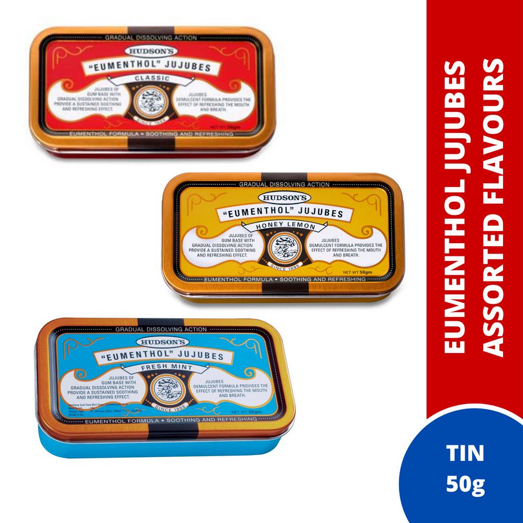 Hudson's Eumenthol Jujubes Tin 50g (Classic | Honey Lemon | Fresh Mint ...