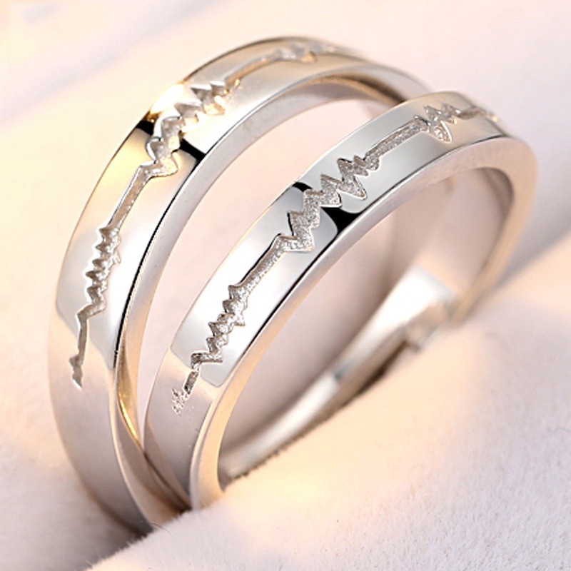 A Pair 925 Sterling Silver Forever Love Couple Rings ECG Heartbeat ...