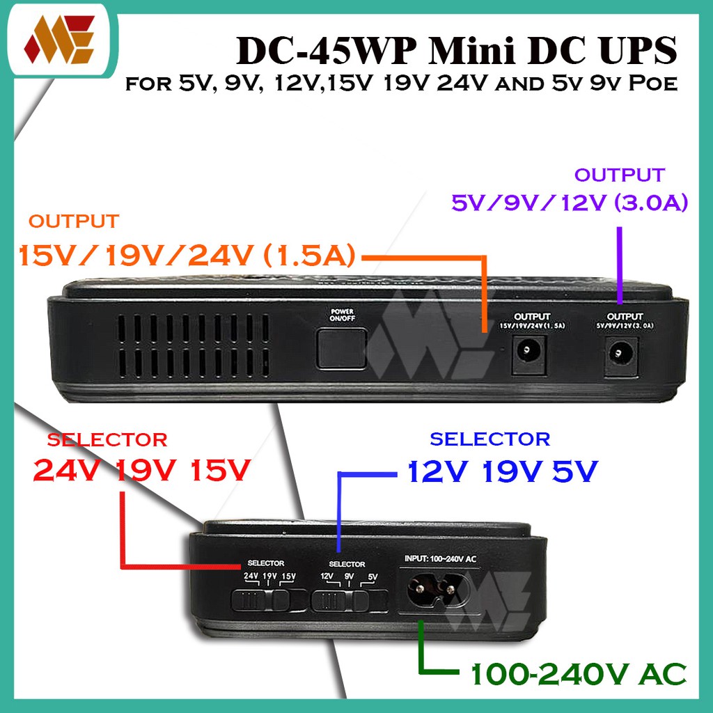 DC-45WP Mini Portable DC UPS / DC Power Station with 5V, 9V, 12V,15V 19V 24V and 5V 9V POE ...
