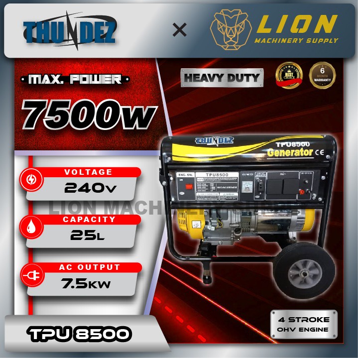 THUNDEZ 7500Watt/7.5KW Gasoline Petrol Generator TPU-8502 - Manual Start - Included Big Wheel ...