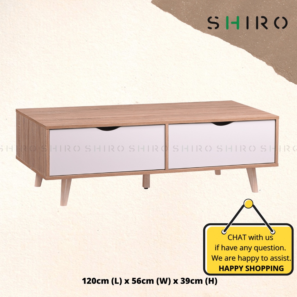 SHIRO Furniture 4 Feet Coffee Table with 2 Drawer 120cm Meja Kopi 2 laci White Oak color Living ...