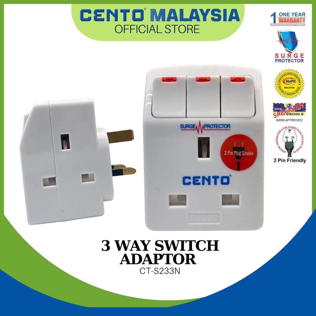 CENTO 3 Way Switch Adaptor with Neon On/ Off Switch Surge Protector CT ...