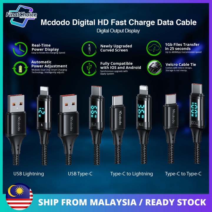MCDODO Quick Charge Data Cable Digital Display Support Android iOS ...