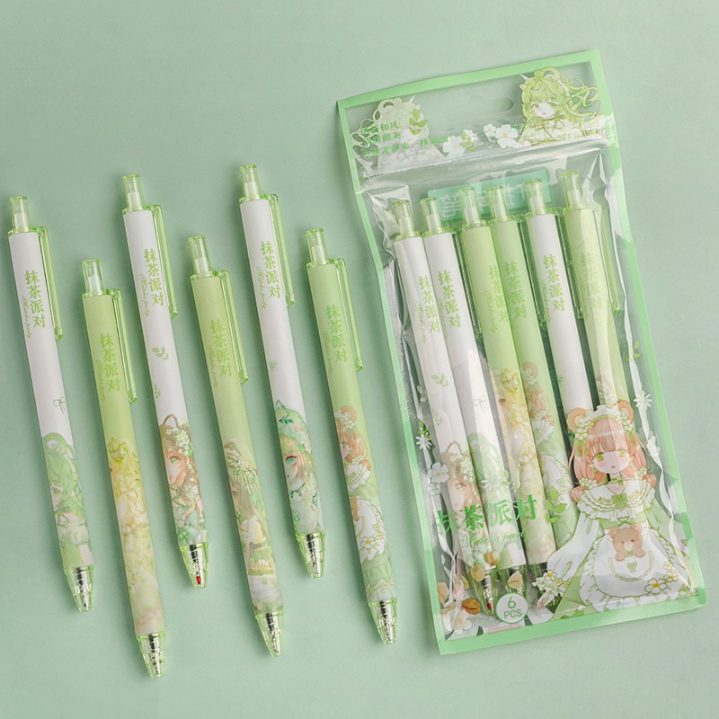 6 Pcs 0.5mm Matcha Party Series Retractable Gel Pen Student Black Ink ...