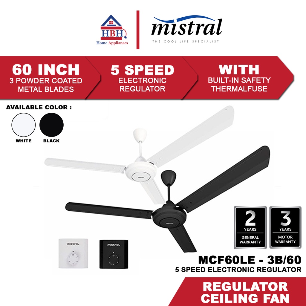 Mistral MCF60LE 60'' 5 Speed 3 Blade Electronic Regulator Metal Ceiling ...