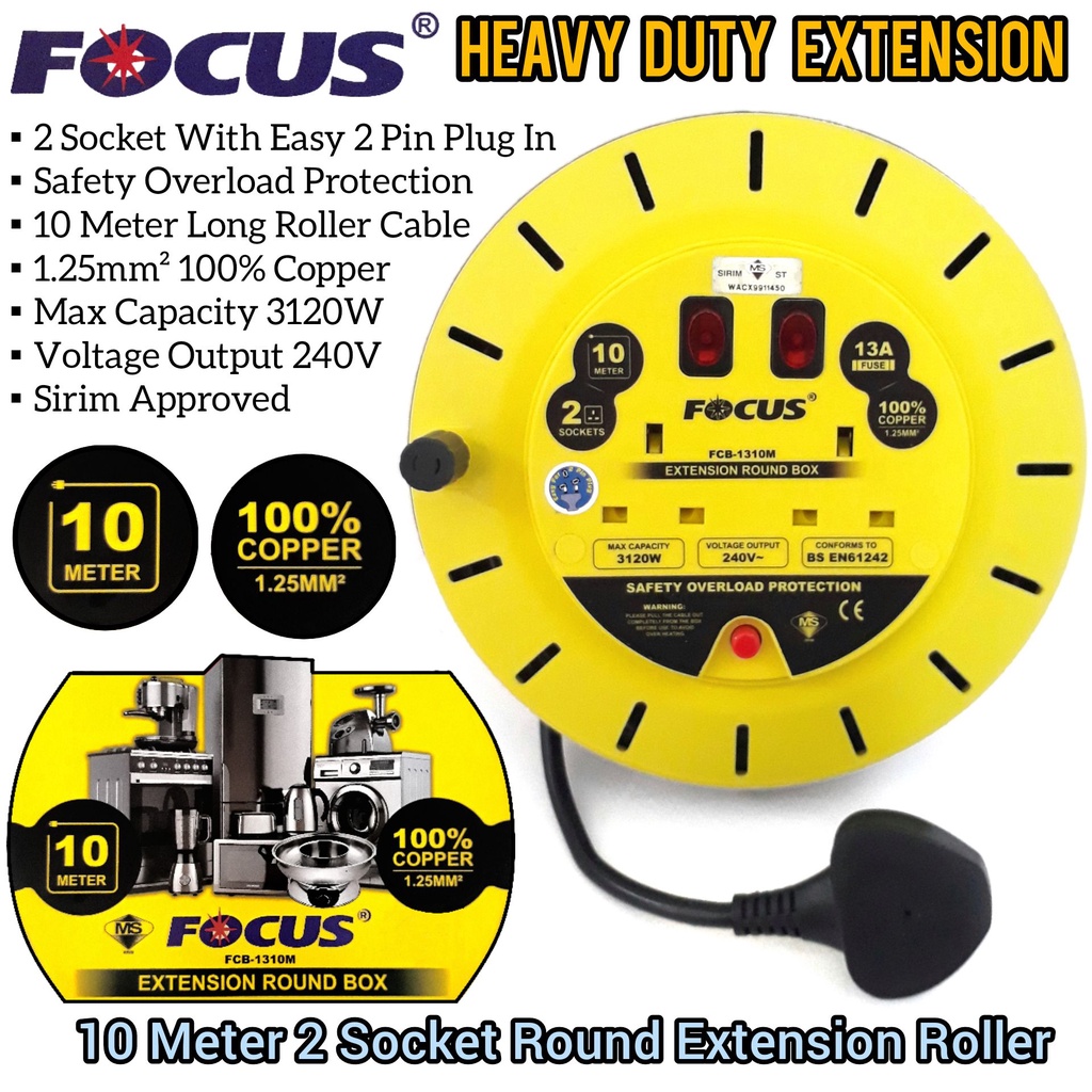 Focus Heavy Duty 10 Meter Round Extension Roller Plug Adaptor With 1 ...