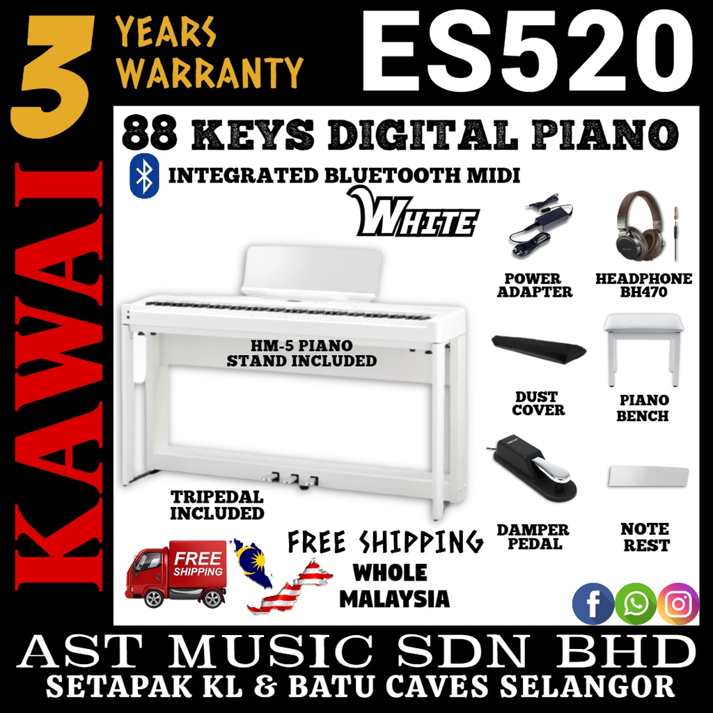 Kawai ES-520 Portable Digital Home Piano with Piano Stand – White ...