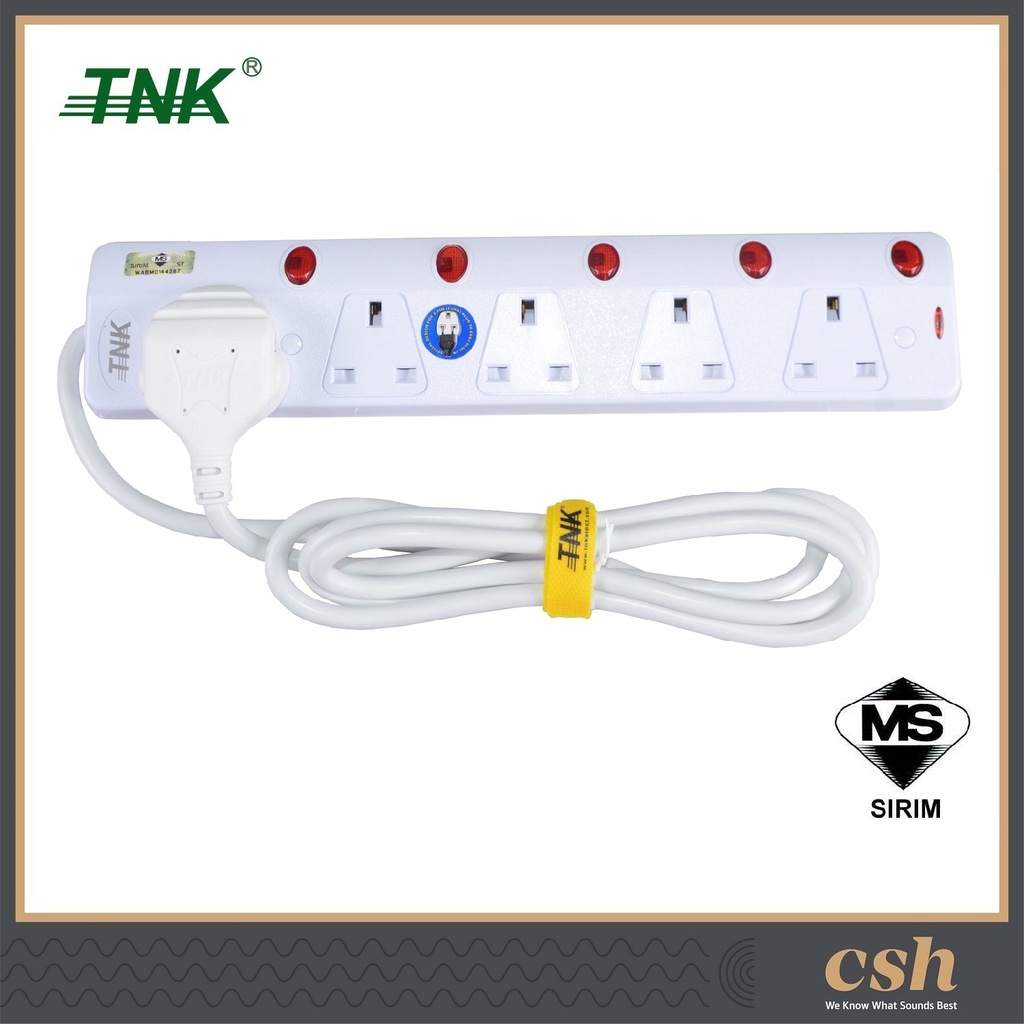 TNK 5 Gang Neon Extension Trailing Socket with 3 Pin 13 Amp Fuse Mouded ...