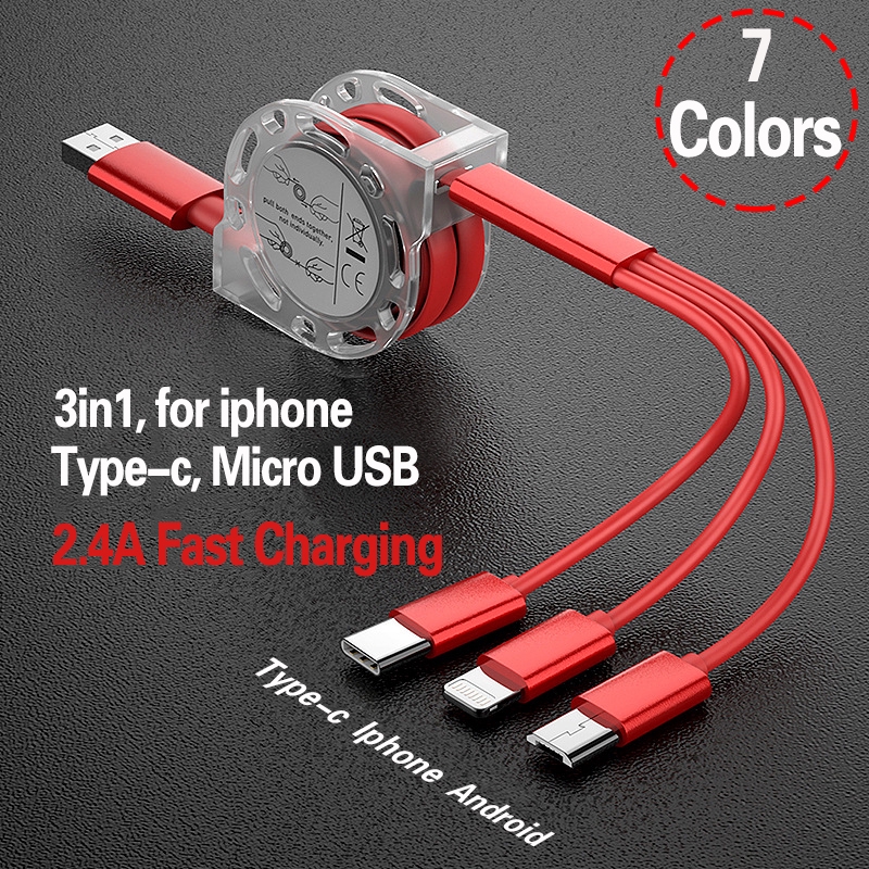 3 In 1 Retractable Micro USB Charge Cable Multi USB Charger Cable USB C Type-c Universal Cable ...