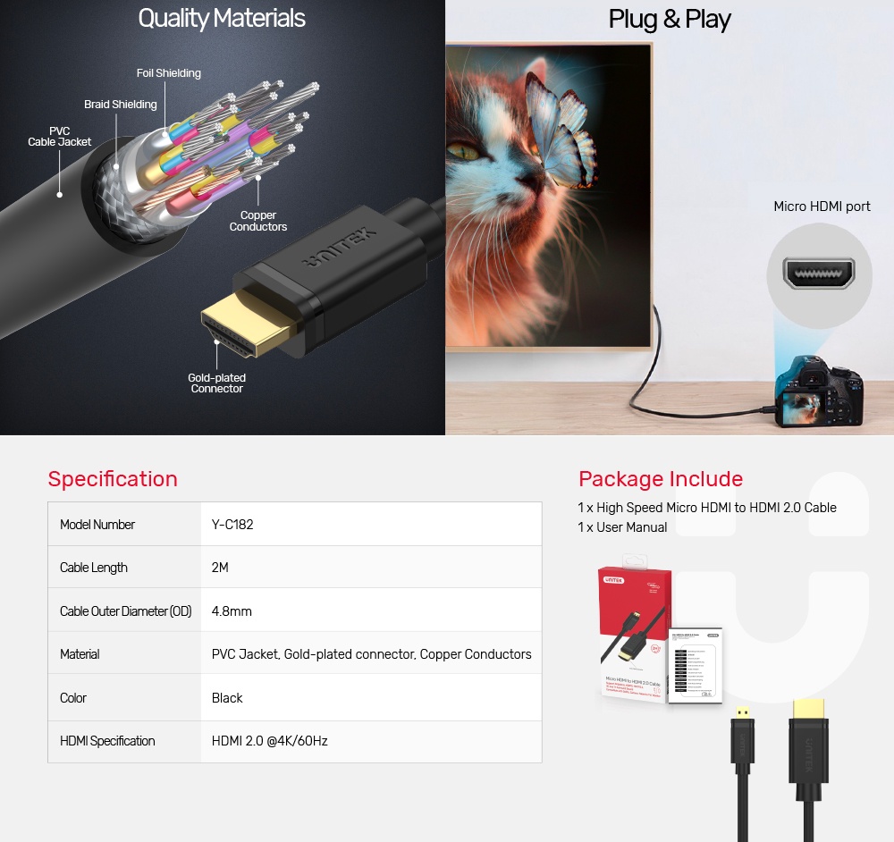Unitek High Speed Micro HDMI to HDMI 2.0 Cable Support 4K 60Hz HDR10 ...