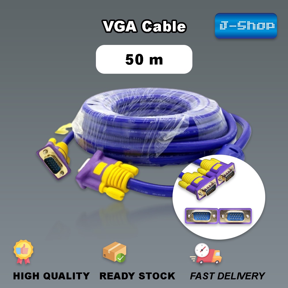 50M VGA CABLE (3+9) HIGH QUALITY 50 METER 15-PIN MALE TO MALE SUPPORT FULL HD for Projectors ...
