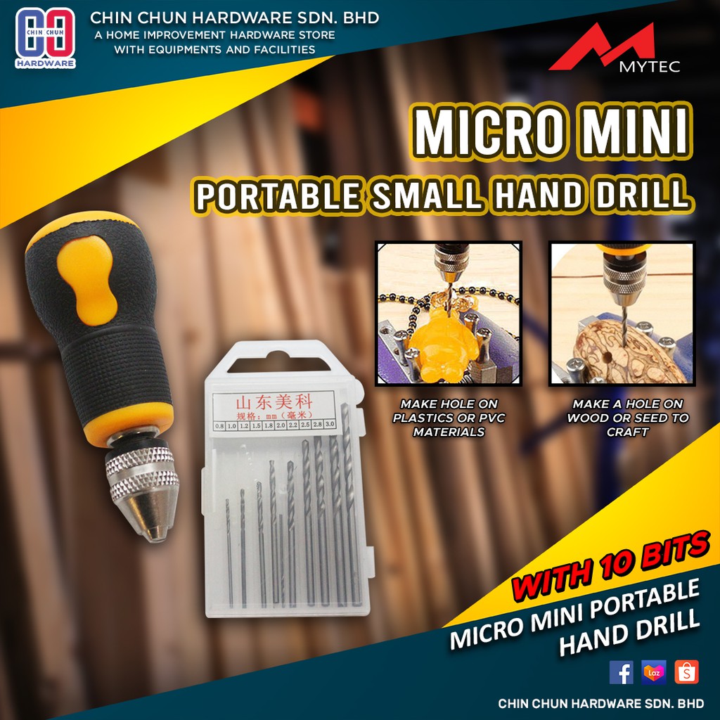 MICRO MINI PORTABLE SMALL HAND DRILL WITH 10 PCS TWIST DRILL BITS TOOL ...